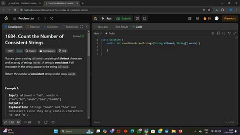 Leetcode Daily Challenge Count The Number Of Consistent Strings Problem 1684 Java Solution