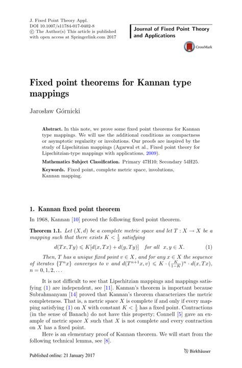 Pdf Fixed Point Theorems For Kannan Type Mappings