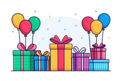만화 생일 선물 상자와 풍선 일러스트레이션 프리미엄 벡터