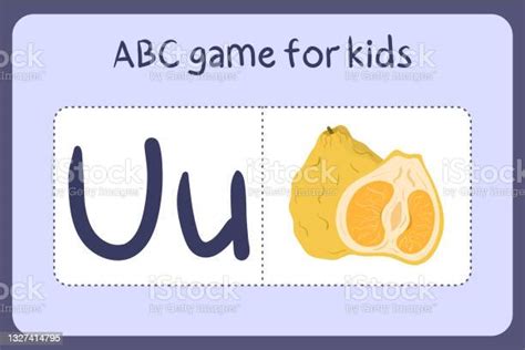 편지 U와 만화 스타일의 아이 알파벳 미니 게임 우글리 게임 디자인에 대한 벡터 그림 잘라 재생합니다 과일과 야채 플래시 카드로