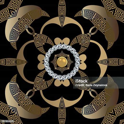 보석 금 원활한 패턴 꽃 화려한 데코 배경 벡터 그리스 어 배경을 반복합니다 다이아몬드 빈티지 꽃 잎 3d 보석 그리스 키 멜로디가 있는 기하학적 황금 고급 장식 0명에