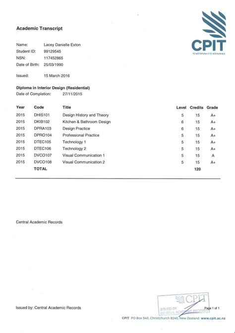 Interior Design Academic Transcript