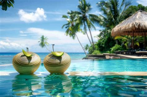 Pool With Artificial Beach And Tropical Ocean Stock Illustration