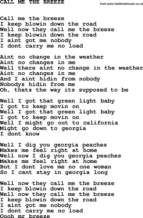 Johnny Cash Song Call Me The Breeze Lyrics