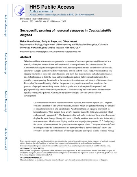 Pdf Sex Specific Pruning Of Neuronal Synapses In Caenorhabditis Elegans