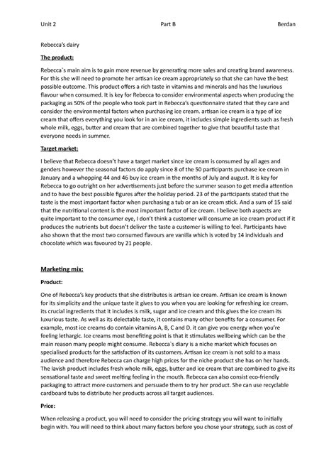Rebecca Part B Exam Unit 2 Rebeccas Dairy The Product Rebecca`s