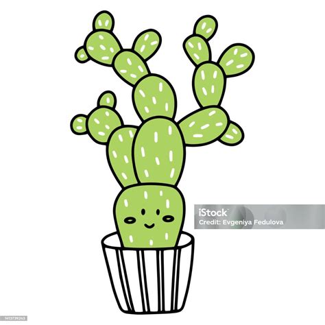 낙서 스타일의 귀여운 선인장 카와이 감정이있는 선인장 스파이크와 바늘로 행복한 미소 선인장의 벡터 일러스트레이션 꽃 냄비에있는 식물 아이콘 귀여운에 대한 스톡 벡터 아트 및