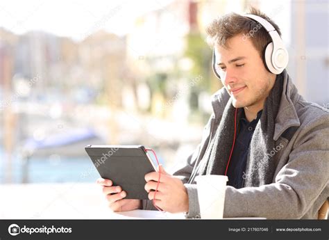 Man Learning Watching Tutorials Online Tablet Coffee Shop Stock Photo