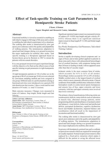 Effect Of Task Specific Training On Gait Parameters In Ijpmr