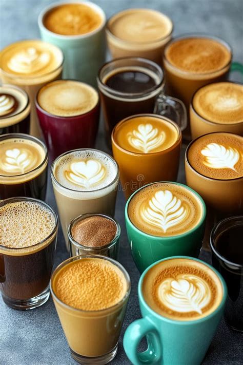 coffees with intricate latte art presented in various colorful cups and glasses on a grey