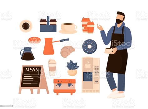 플랫 캐릭터 커피 숍 바리스타 벡터 일러스트 플랫 디자인 벡터 인포그래픽 일러스트레이션입니다 만화 남성 바리스타 또는 웨이터메뉴판 근처에 서 가공의 인물에 대한 스톡 벡터