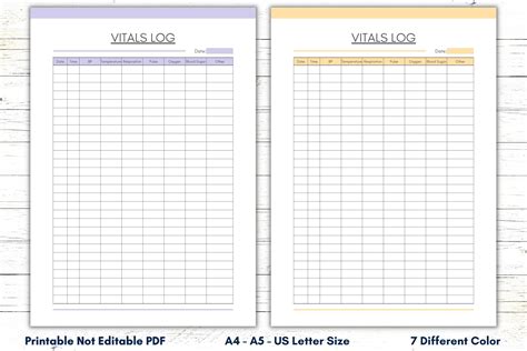 Printable Vital Sign Log Sheet Vitals Planner Vitals Log Template Nursing Vitals Log Health