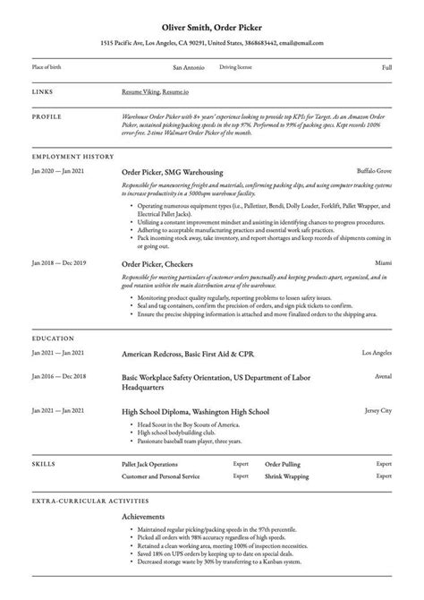 Order Picker Resume Example Resume Examples Resume Templates Resume