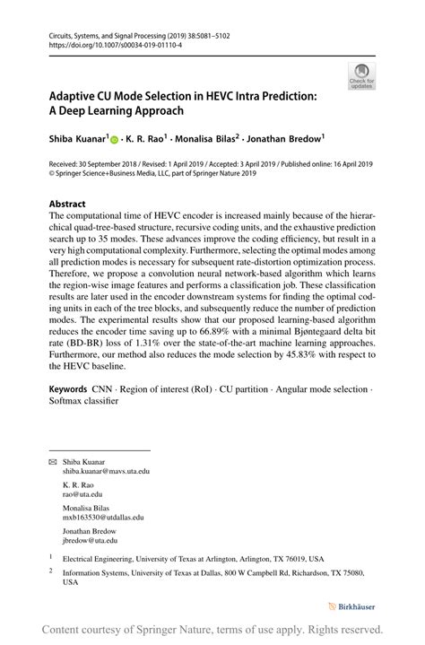 Adaptive Cu Mode Selection In Hevc Intra Prediction A Deep Learning Approach Request Pdf