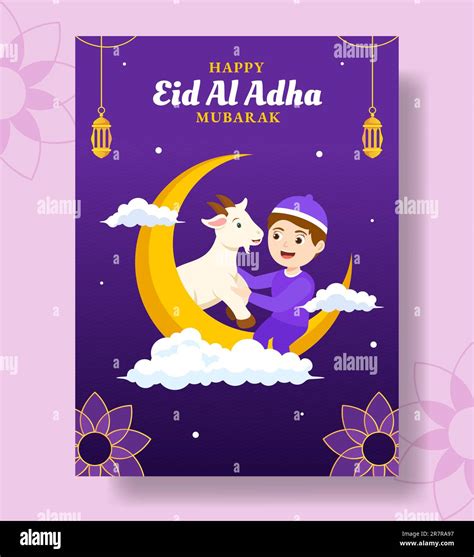 happy eid al adha mubarak vertical poster illustration flat cartoon hand drawn templates