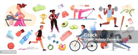 스포츠 운동 세트 사람들 훈련 피트니스 체육관 장비 및 액세서리 컬렉션 운동에 대한 스톡 벡터 아트 및 기타 이미지 운동