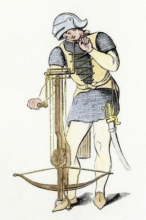Middle Ages Genois Archer Arming His Crossbow 19th Century Colour