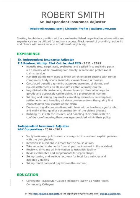 Independent Insurance Adjuster Resume Samples Qwikresume