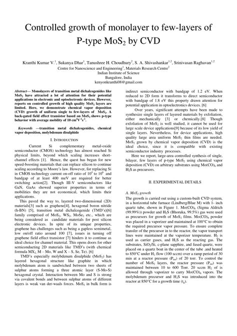 Pdf Controlled Growth Of Monolayer To Few Layers Of P Type Mos 2 By Cvd