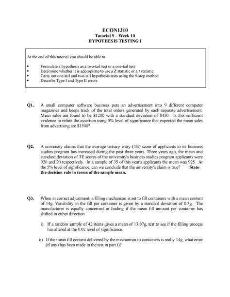 ECON Tutorial Workings For Sem ECON Tutorial Week HYPOTHESIS TESTING I At The