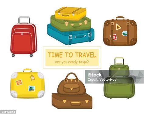 격리 된 흰 배경에 스티커와 함께 다양 한 여행 가방 여행 가방 세트 여름 여행 핸들 수하물 여행 장비입니다 가방에 대한 스톡 벡터 아트 및 기타 이미지 Istock