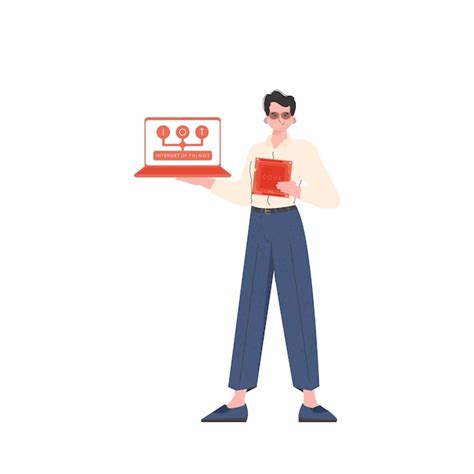 Premium Vector A Man Holds A Laptop And A Processor Chip In His Hands Iot Concept Isolated