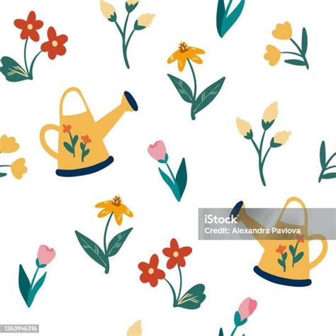 꽃과 급수는 매끄러운 패턴을 수 있습니다 꽃 봄 배경 직물 인쇄 섬유 래퍼용 베이비 디자인 원예 요소의 벡터 그림 0명에 대한