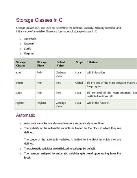 Storage Classes In C There Are Four Types Of Storage Classes In C O