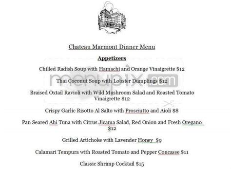Menu Of Bar Marmont Chateau Marmont In West Hollywood Ca 90046