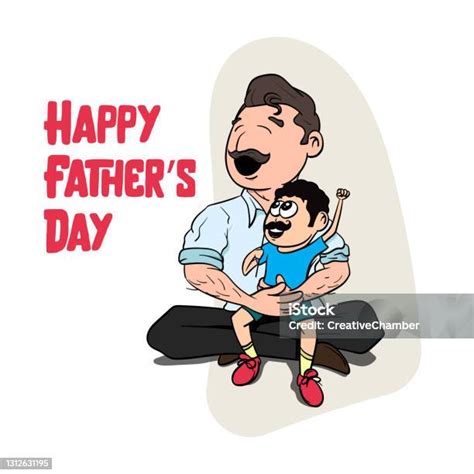 해피 아버지의 날 벡터 그래픽 아버지와 놀고있는 아이들 아버지는 망토가달린 슈퍼 히어로로 옷을 입었습니다 수염으로 아버지를 모방하는 아이 아버지 손에 아기 소녀를 들고