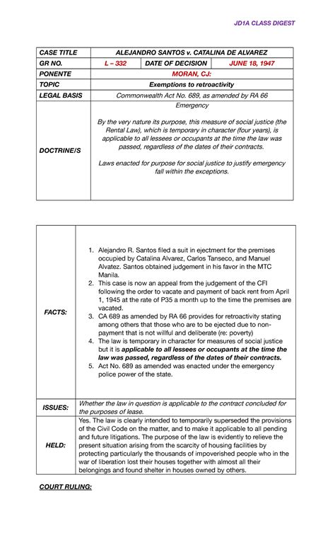 Article 4 Retroactivity Santos V Alvarez Jd1a Class Digest Case Title Alejandro Santos V