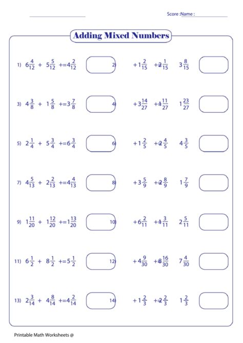 Adding Mixed Numbers Worksheet Printable Pdf Download