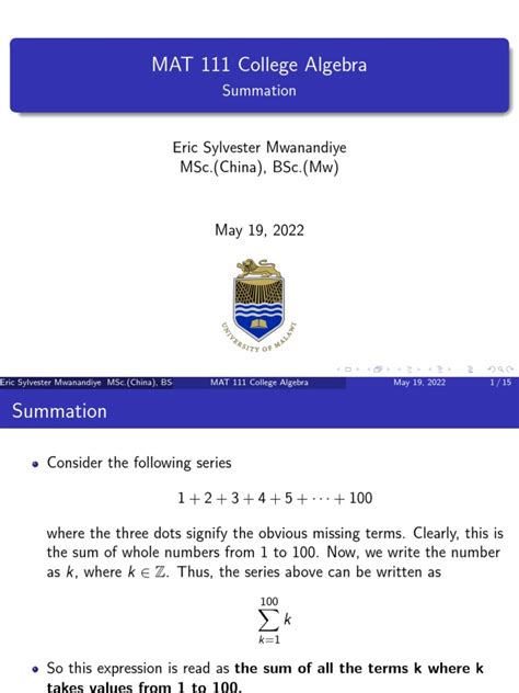 Mat 111 College Algebra Summation Pdf Summation Abstract Algebra