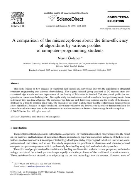 Pdf A Comparison Of The Misconceptions About The Time Efficiency Of Algorithms By Various