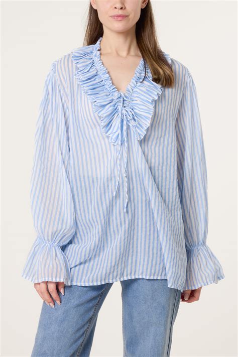 Pure Cotton Frill Striped Blouse
