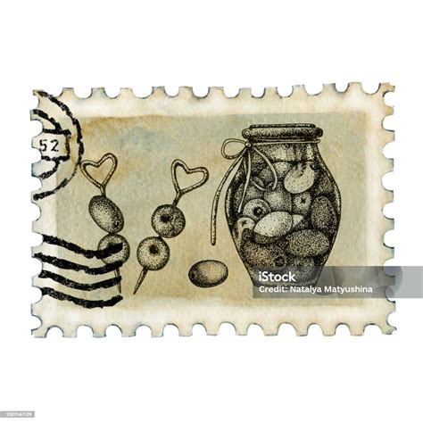 빈 우표 엽서 올리브로 포장 된 용기 흰색 배경에 격리 된 수채화 손 그린 그림 메일 디자인 우편 서신 스크랩북 수제 엽서 가장자리에 대한 스톡 벡터 아트 및 기타 이미지