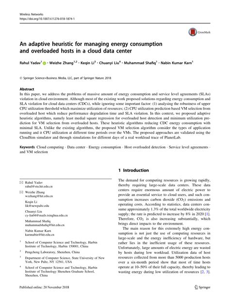 Pdf An Adaptive Heuristic For Managing Energy Consumption And Overloaded Hosts In A Cloud Data