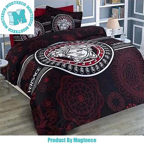 Versace Medusa Head Logo White Anh Red In Plum Red Background Bedding