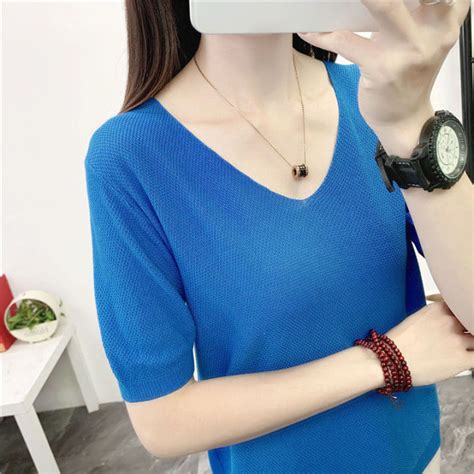 Womens Short Sleeved V Neck T Shirt Thin Cotton All Match Loose