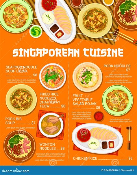 Singaporean Cuisine Menu Asian Food Dishes Meals Stock Vector