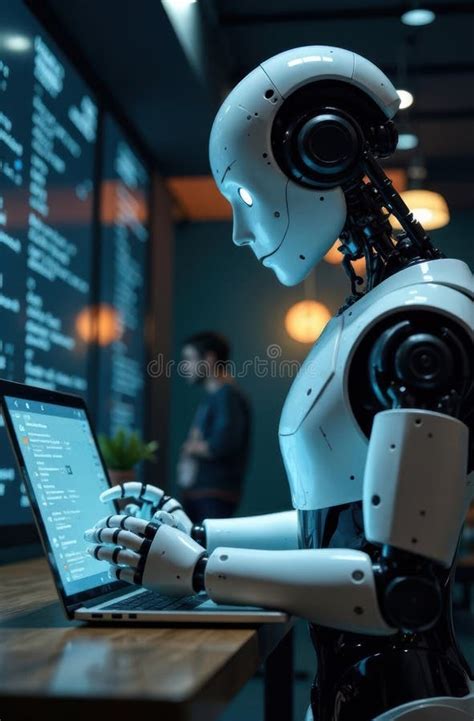 Advanced Humanoid Robot Sitting At Computer On Blurred Modern Office