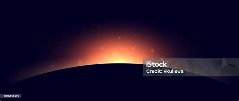 행성 일식 개념입니다 빨강 노랑 태양 빛 눈부심 효과 어두운 공간에서 추상적으로 빛나는 일출 지구 수평선 후광 그림입니다 포스터 배너 표지 브로셔 소책자를 위한 벡터 디자인