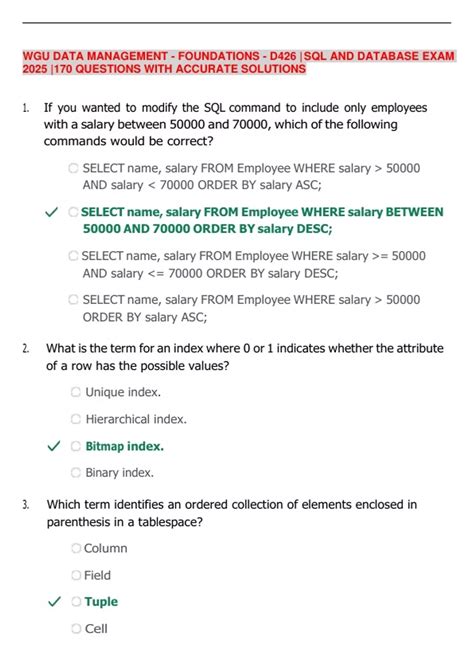 Wgu Data Management Foundations D426 Sql And Database Exam 2025 170 Questions With