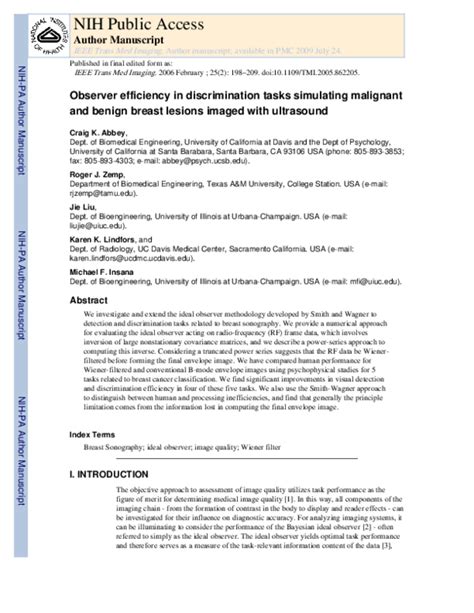 Pdf Observer Efficiency In Discrimination Tasks Simulating Malignant And Benign Breast Lesions