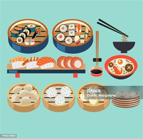 딤섬 바오지 일식 스시 세트와 함께 증기선 의 벡터 아시아 음식 일러스트 세트 벡터 플랫 아시아 음식 아이콘입니다 그릇에 대한