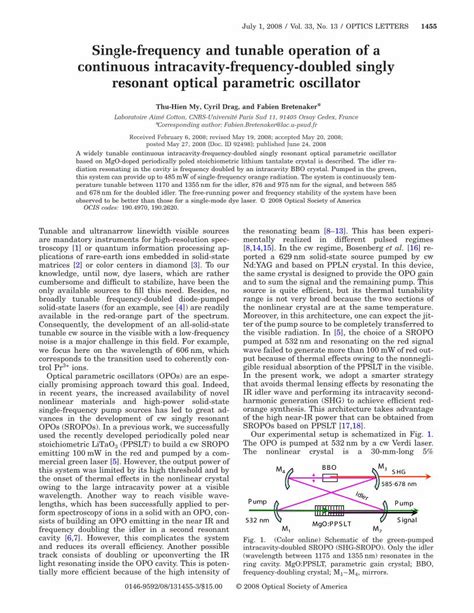 Pdf Single Frequency And Tunable Operation Of A Continuous Intracavity Frequency Doubled