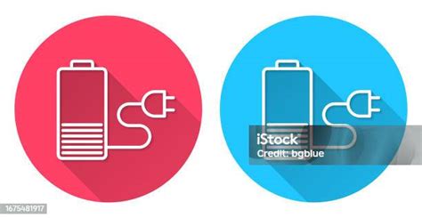 배터리 충전 빨간색 또는 파란색 배경에 긴 그림자가 있는 둥근 아이콘 Brand Name Smart Phone에 대한 스톡 벡터