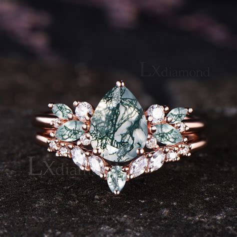 Unique Teardrop Moss Agate Engagement Ring Set Vintage Moissanite