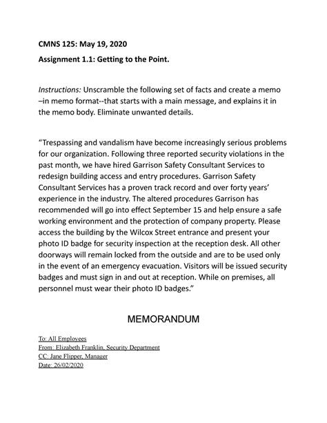CMNS Assignment Memo CMNS May Assignment Getting To The Point