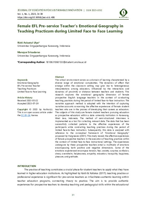 Pdf Female Efl Pre Service Teachers Emotional Geography In Teaching Practicum During Limited